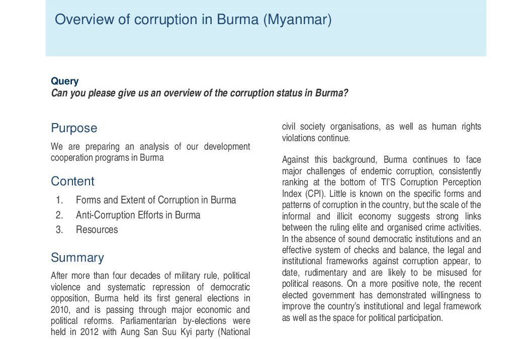 Chêne – 2012 – Overview of corruption in Burma ( Myanmar ) 1 Forms and extent of corruption in ...